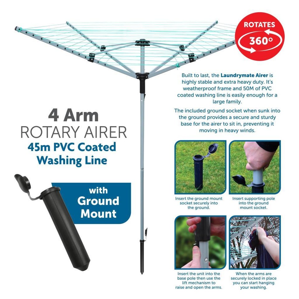 4 Arm Rotary Airer Outdoor Washing Line Clothes Dryer Free Ground Spike ...
