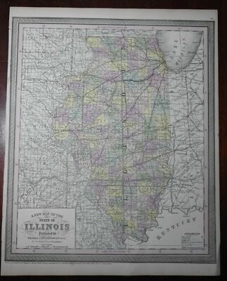 Illinois state 1850 thomas & Cowperthwait fine detailed hand color map ...