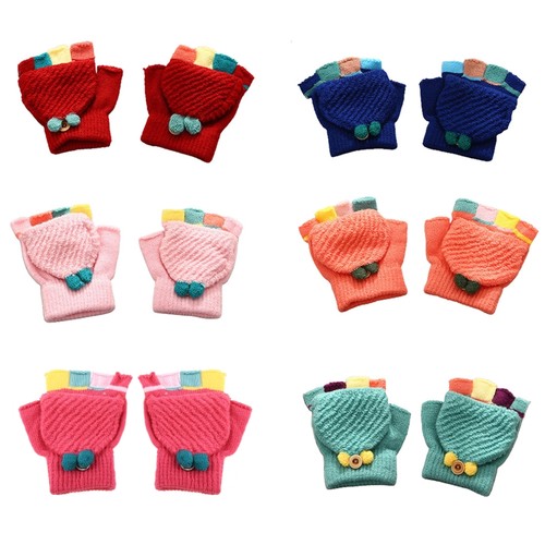 Kids Knitted Gloves Half Finger Gloves with Flip Top Winter Colorful ...