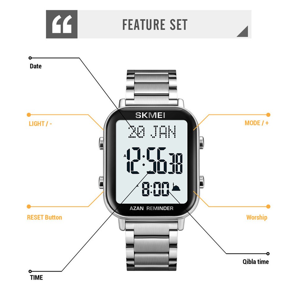 SKMEI Men Square Watch Qibla Compass Wristwatch Muslim Azan Prayer ...