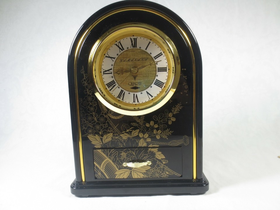 Yamanaka Mantel Clock w round top floral design goldtone trim w drawer ...