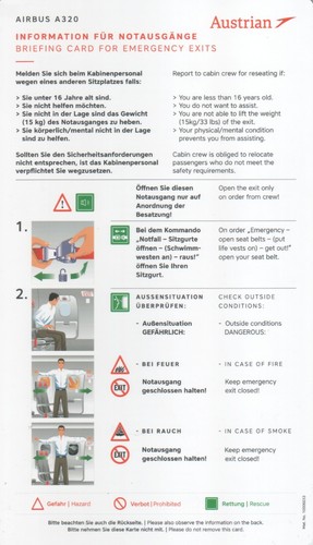 SAFETY CARD: Austrian A320 Mat.No. 10006033 Exit Row WHITE TOP 154x26 ...
