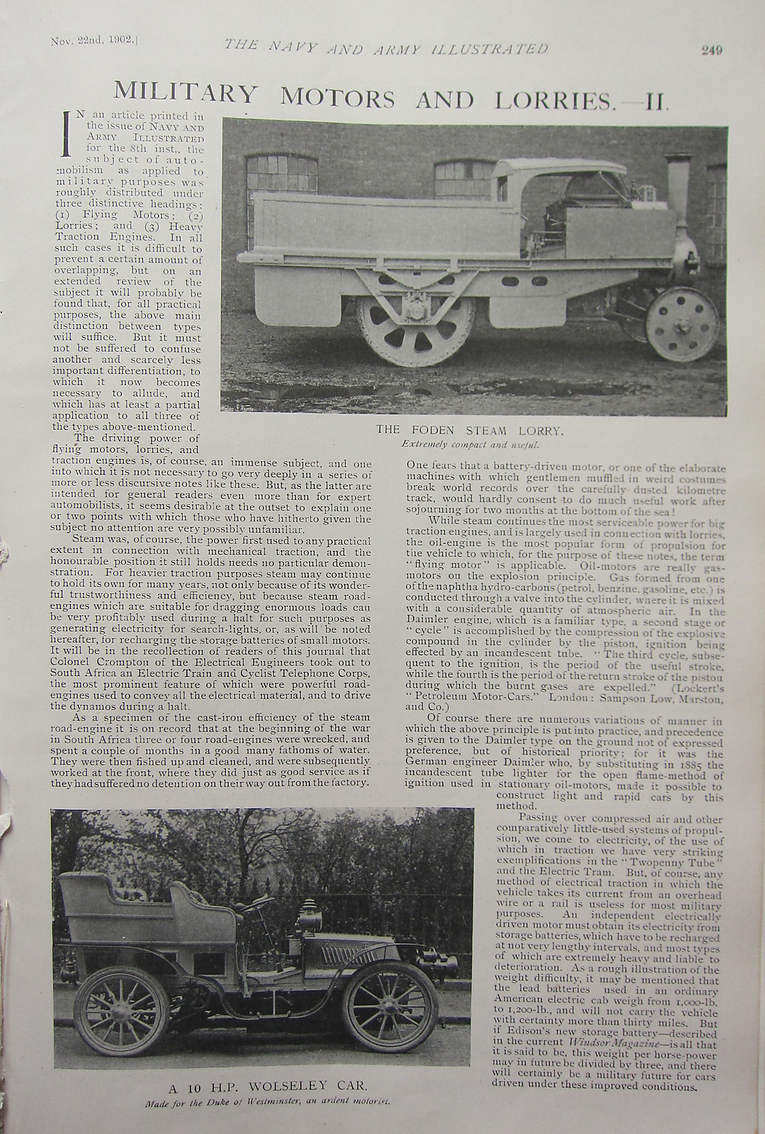 1902 PRINT ~ MILITARY MOTORS & LORRIES ~ FODEN STEAM LORRY ~ 10 H.P ...