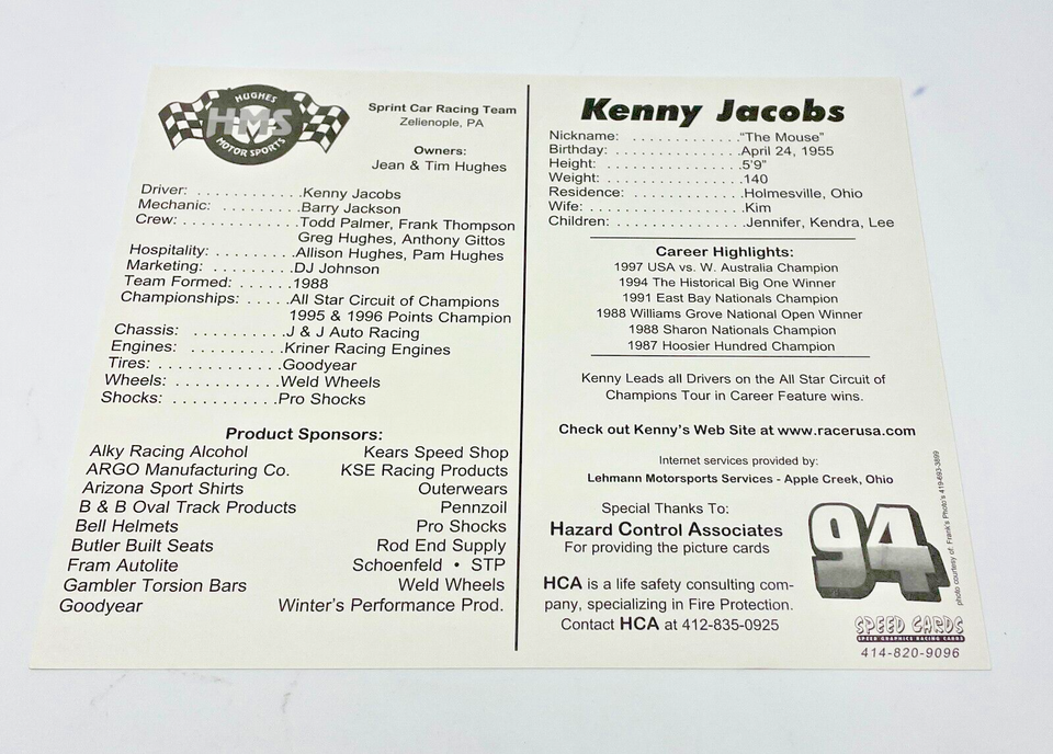 1998 Kenny Jacobs Motter Brothers Sprint Car Hero Card - 8" x 10" | eBay