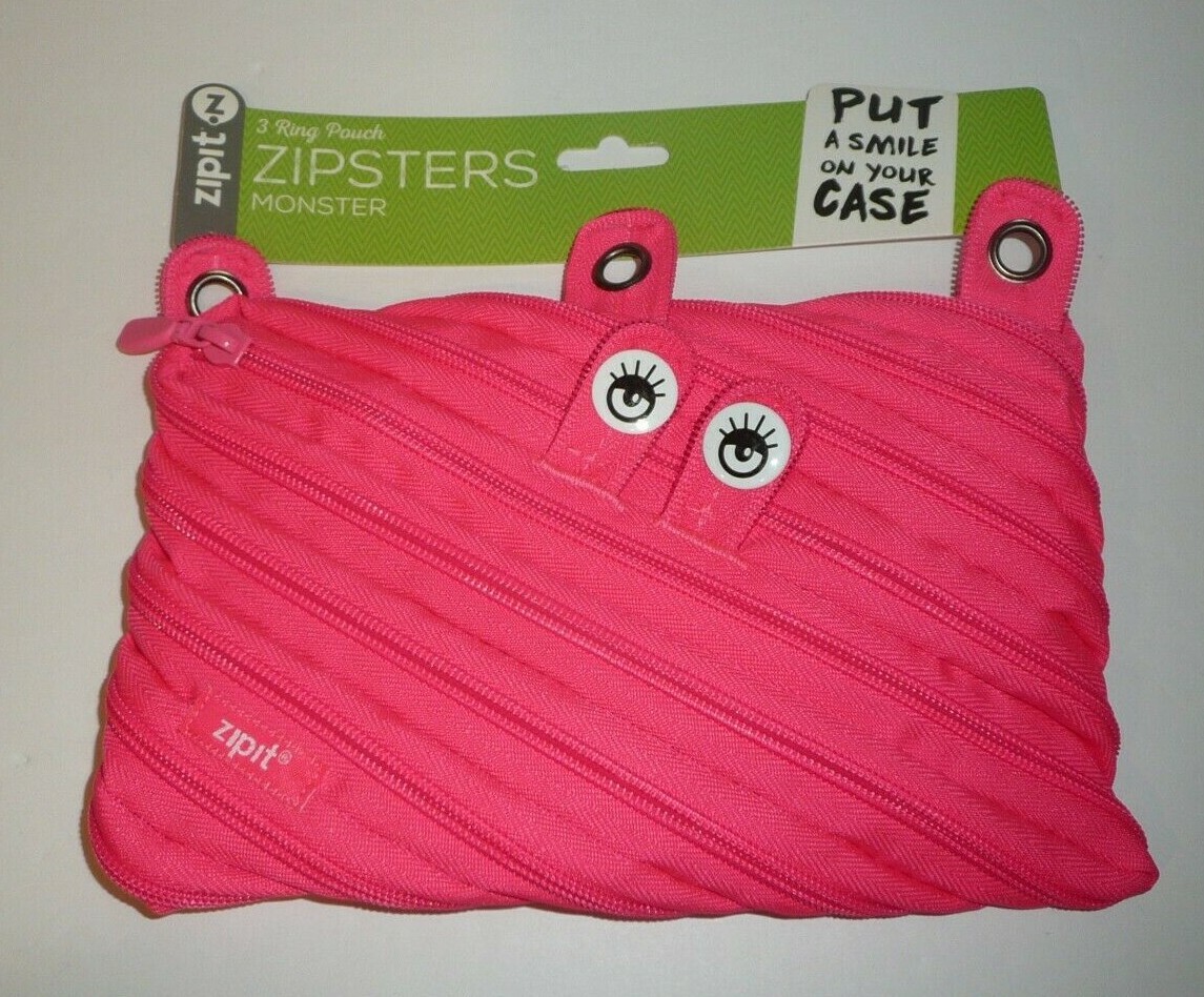 Pink Monster with Teeth + Eyes ZIPIT 3 Ring Pouch for Makeup Pens ...