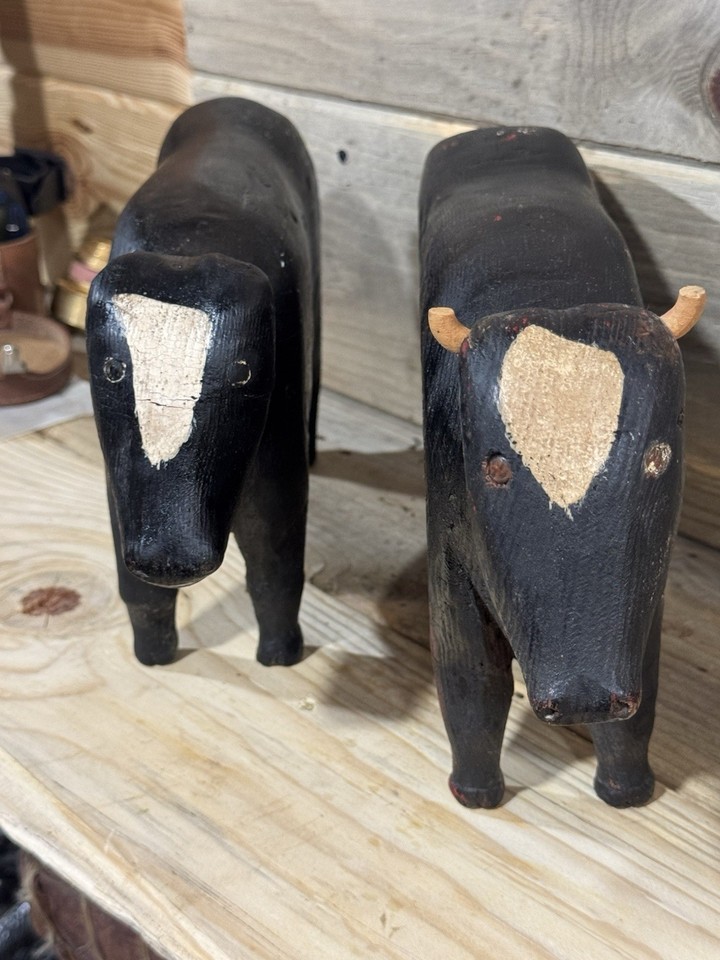 Pair of Hand Carved 19th Century American Bull and Cow. Folk Art ...
