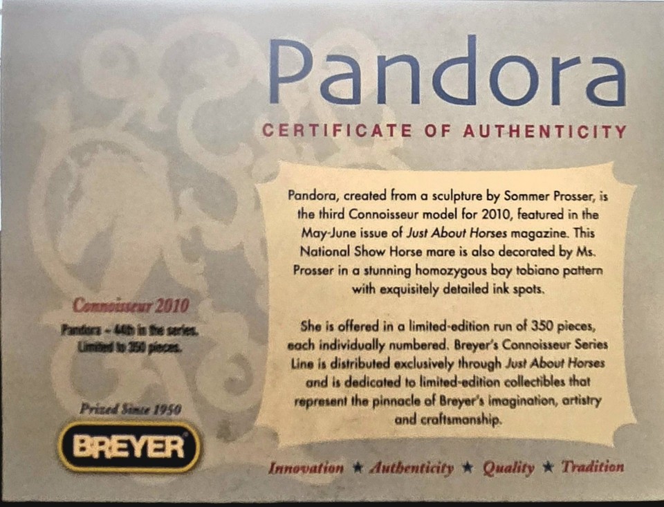 Breyer PANDORA 2010 3rd Connoisseur, 1 of 350, #084, COA, FREE SHIPPING ...