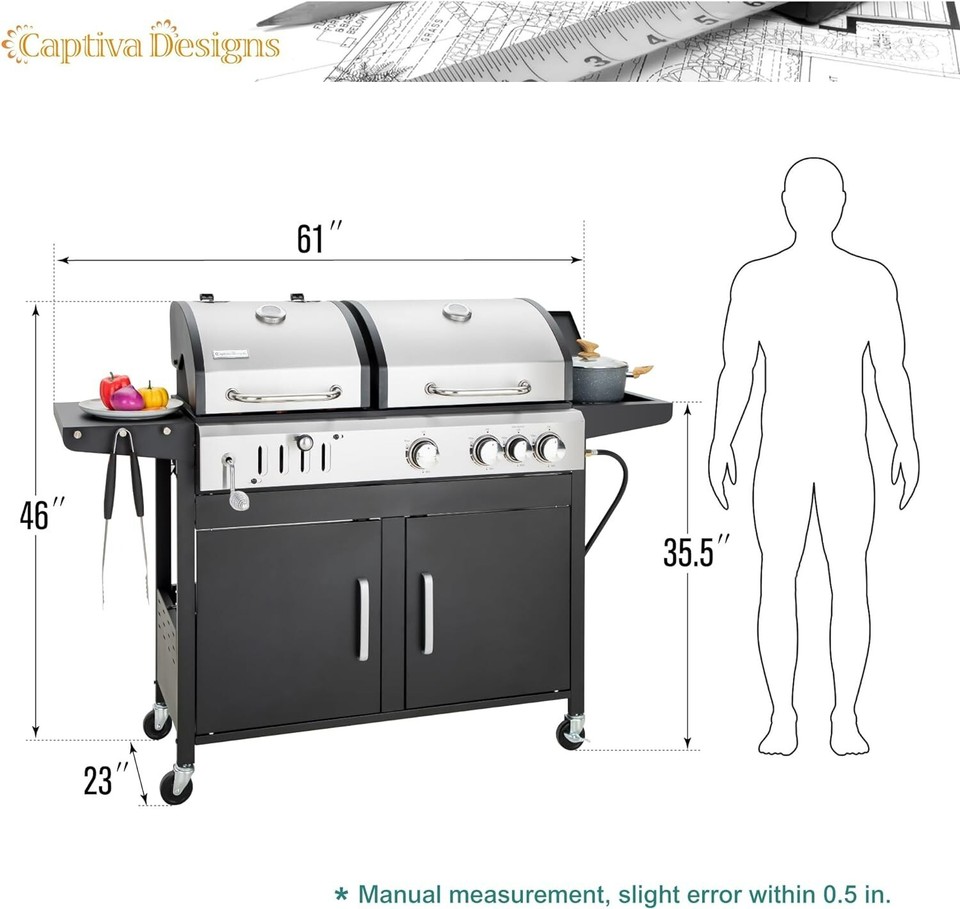 Propane Gas & Charcoal BBQ Grill 3 Burners Outdoor Dual Fuel Barbecue ...