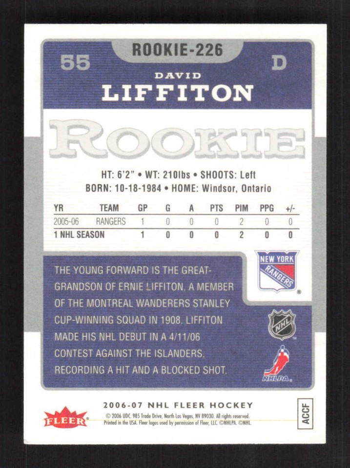 David Liffiton RC 2006-07 Fleer New York Rangers #226 | eBay