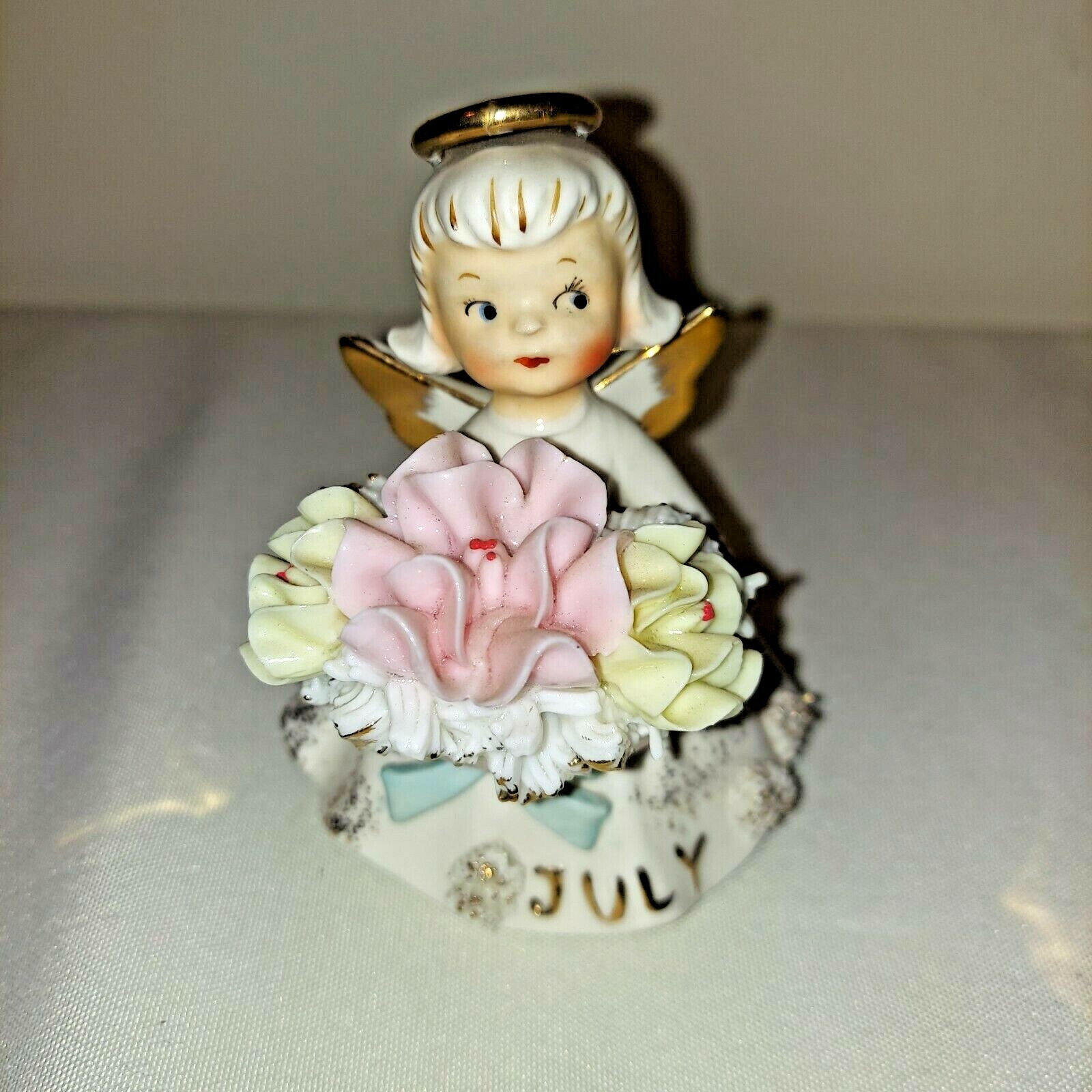 Vintage Lefton July Angel Water Lily Ruby 489 Ribbon birthstone Sequin ...