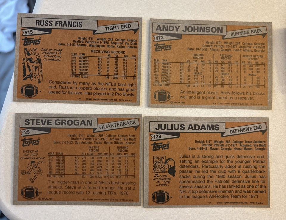 1981 Topps Russ Francis 515 Steve Grogan 25 Julius Adams 139 Andy Johnson 472 | eBay