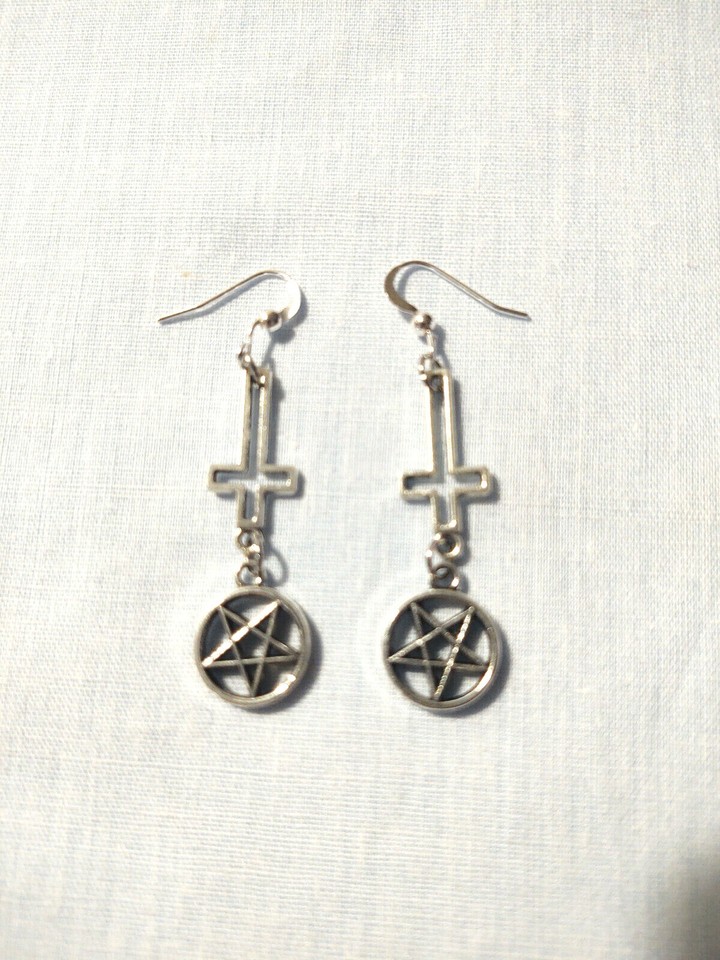 Inverted Cross and Occult Pentagram Star Evil Satanic Double Dangle ...