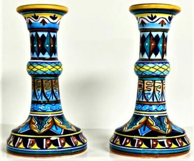 Candlesticks Deruta Hand painted 8" ceramic, made in Italy, signed, set ...