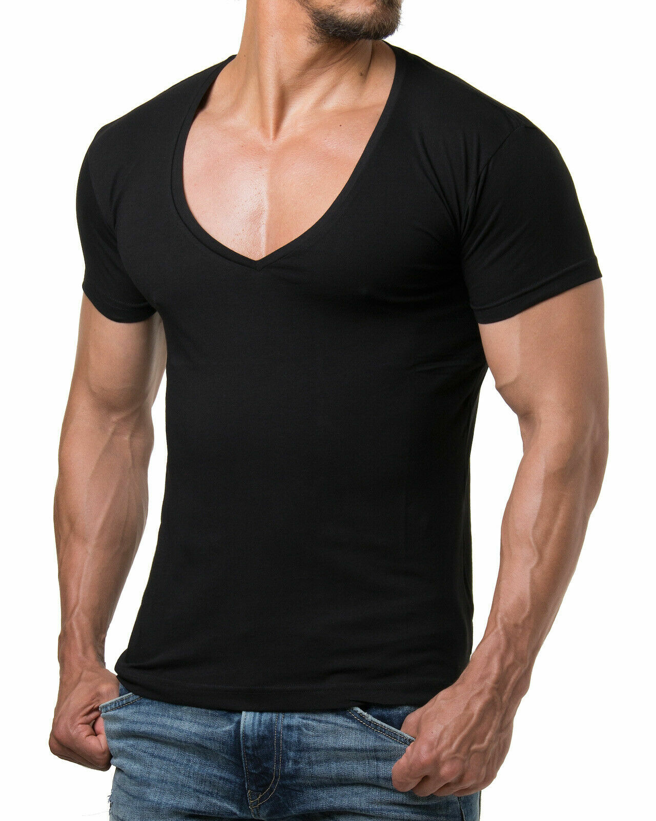 Young & Rich deep V-Neck Herren T-Shirt Slim Fit Tiefer V-Ausschnitt ...