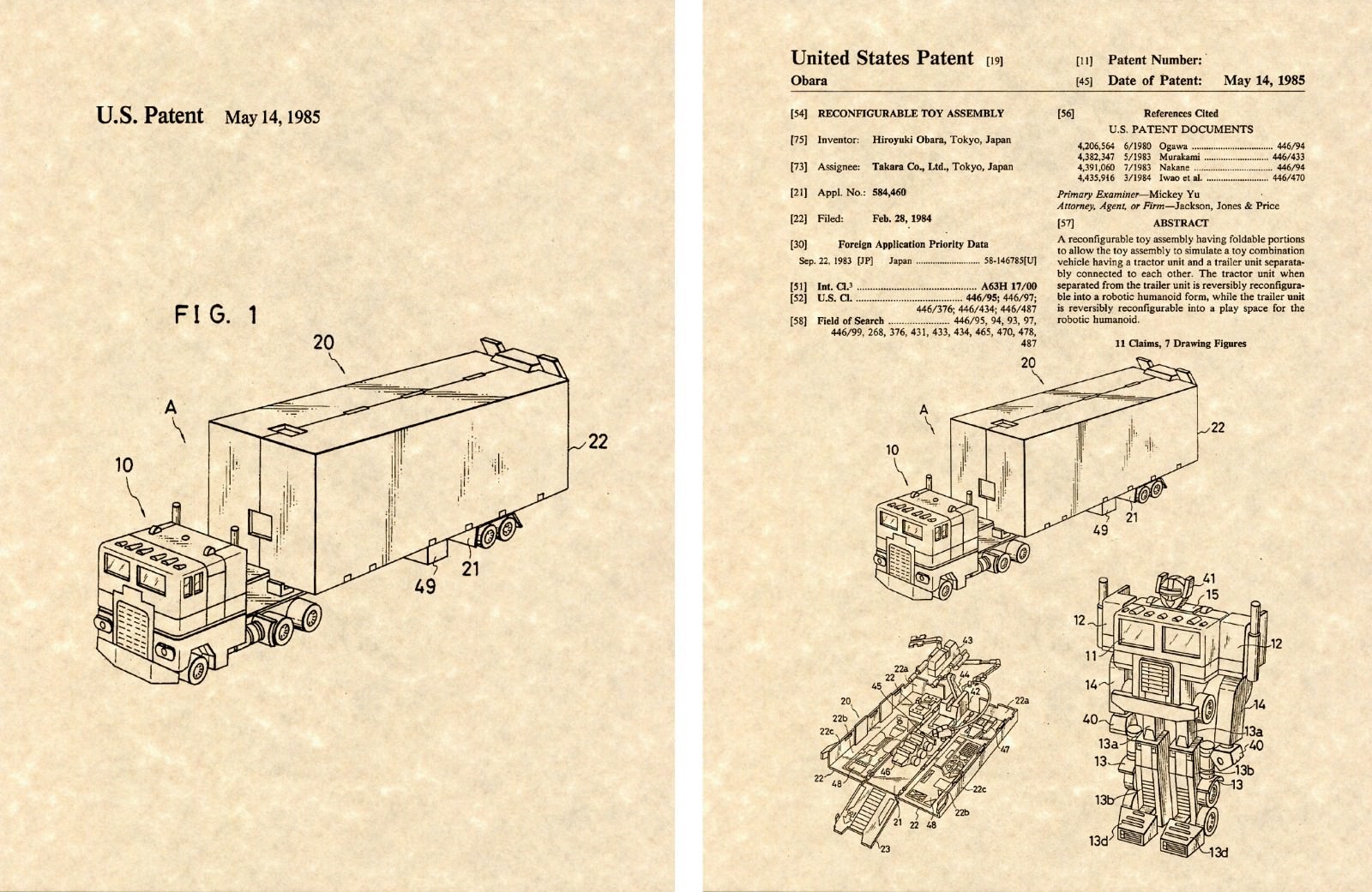 Transformers OPTIMUS PRIME G1 US Patent Art Print READY TO FRAME Obara ...