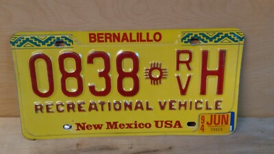 1994 NEW MEXICO USA RV LICENSE PLATE 0838RV H BERNALILLO | eBay