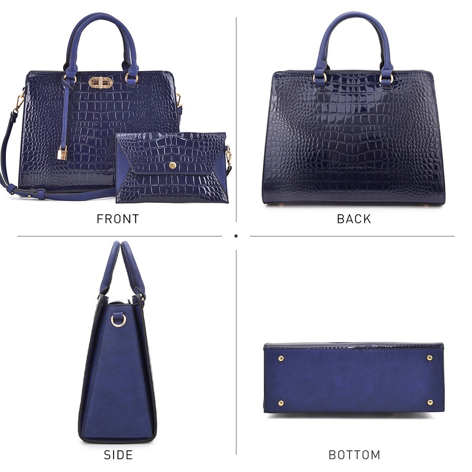 2Pcs Women's Handbag Fashion Faux Croco Leather Travel Satchel Purse ...