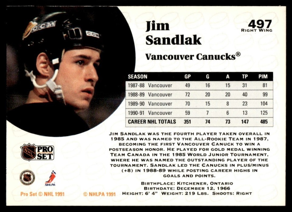 1991-92 Pro Set #497 Jim Sandlak Vancouver Canucks | eBay