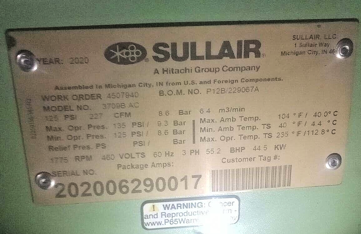 2020YR SULLAIR SENERGY 3700 ROTARY SCREW COMPRESSOR 3709BAC 50HP 227CFM 5104:09H | eBay