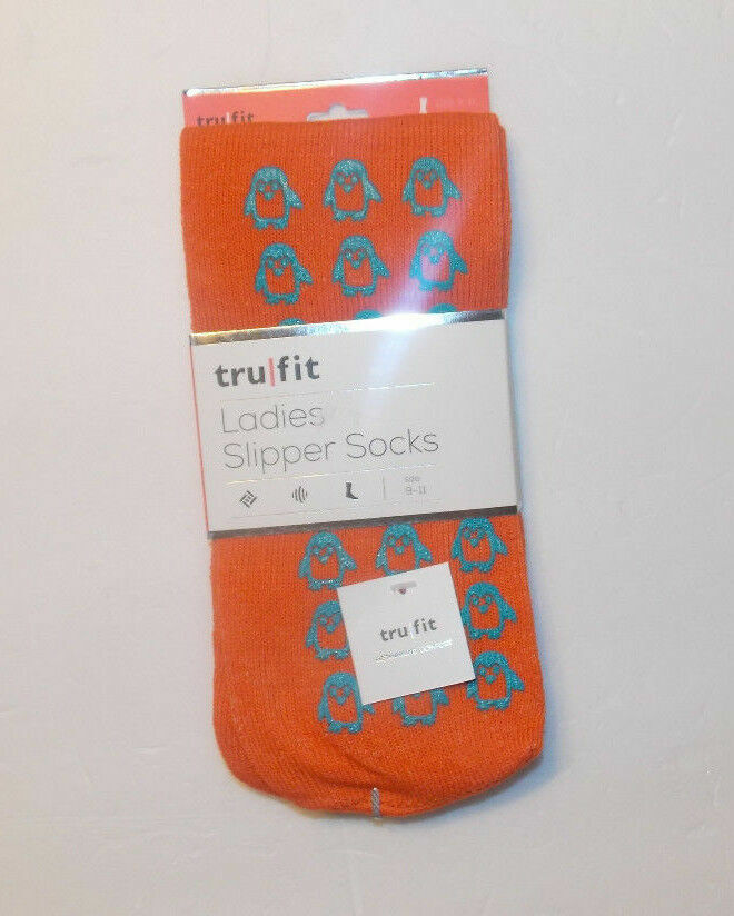 Tru Fit Ladies Slipper Sock Non Slip Grips Blue Penguins Orange 9-11 ...