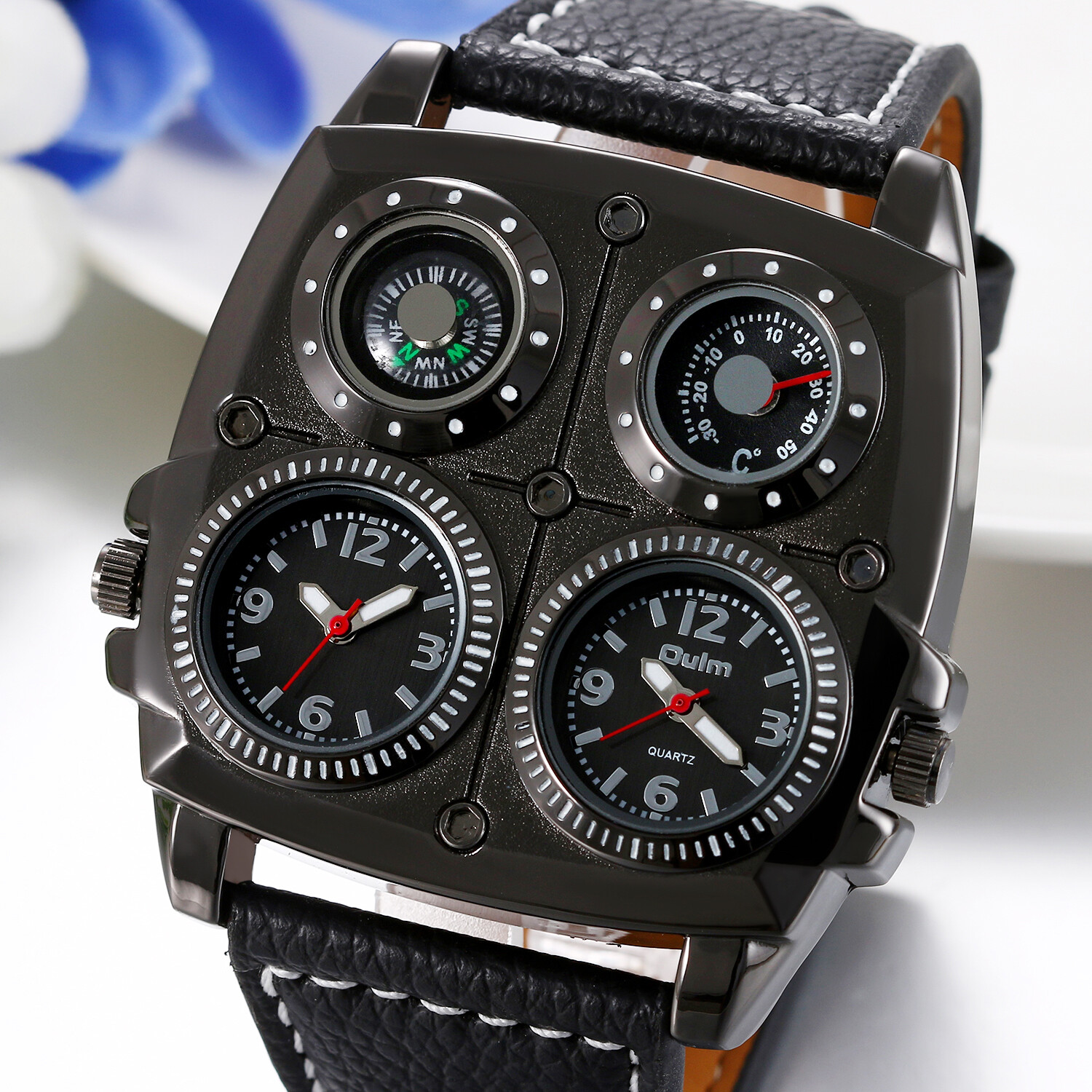 Military Army Dual Time Zones Movements Quartz Watch Black Leather ...