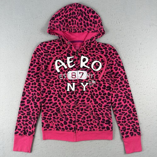 Y2K Aeropostale Hoodie Women’s XS Pink Leopard Print Full Zip Logo Aero ...
