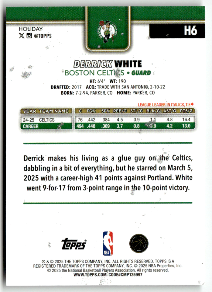 Topps NBA Flagship Holiday 2025 No. H6 Derrick White Silver Glitter ...
