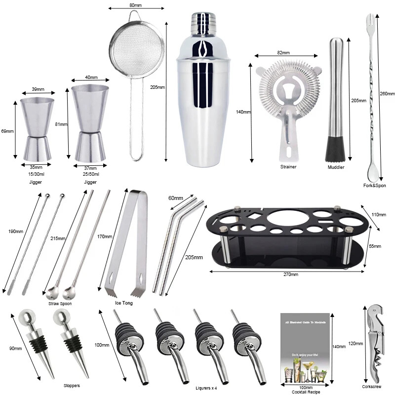 22Pcs 750/600ml Cocktail Shaker Bar Tools Wine Mixer Set Bartender ...