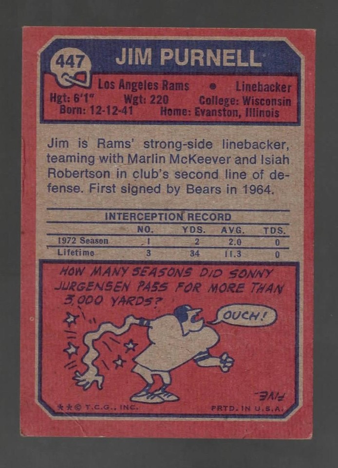 1973 Topps Jim Purnell Los Angeles Rams #447 Very Good | eBay