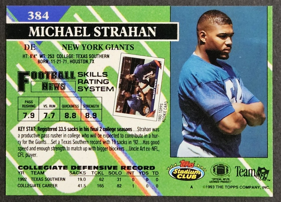1993 Topps Stadium Club #384 Michael Strahan Rookie Card Rc New York ...