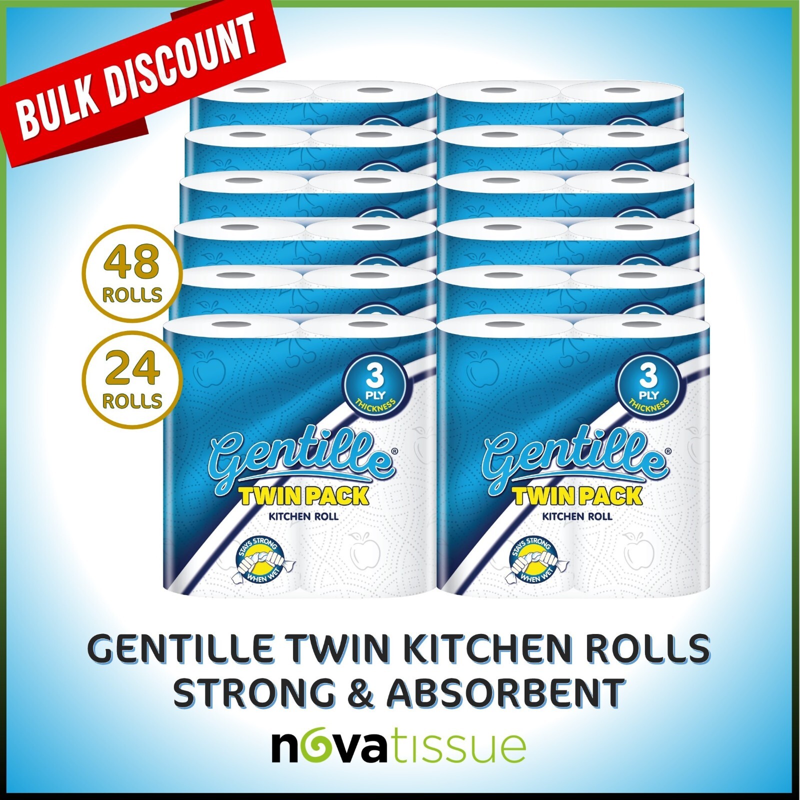 24 Kitchen Roll Gentille Twin, 3PLY Towel Paper, Extra Thick & Strong ...