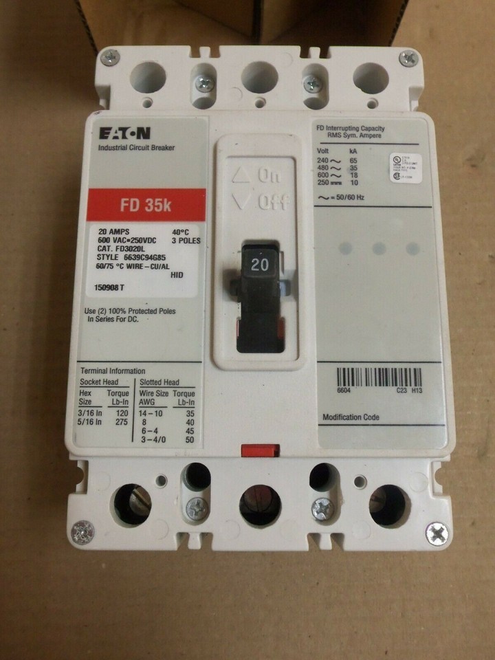 NEW Eaton FD FD3020L 3 Pole 20 Amp 600V R/S Circuit Breaker FD3020 NOB ...