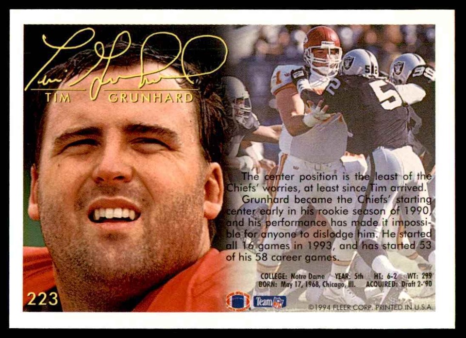 1994 Fleer Tim Grunhard Kansas City Chiefs #223 | eBay
