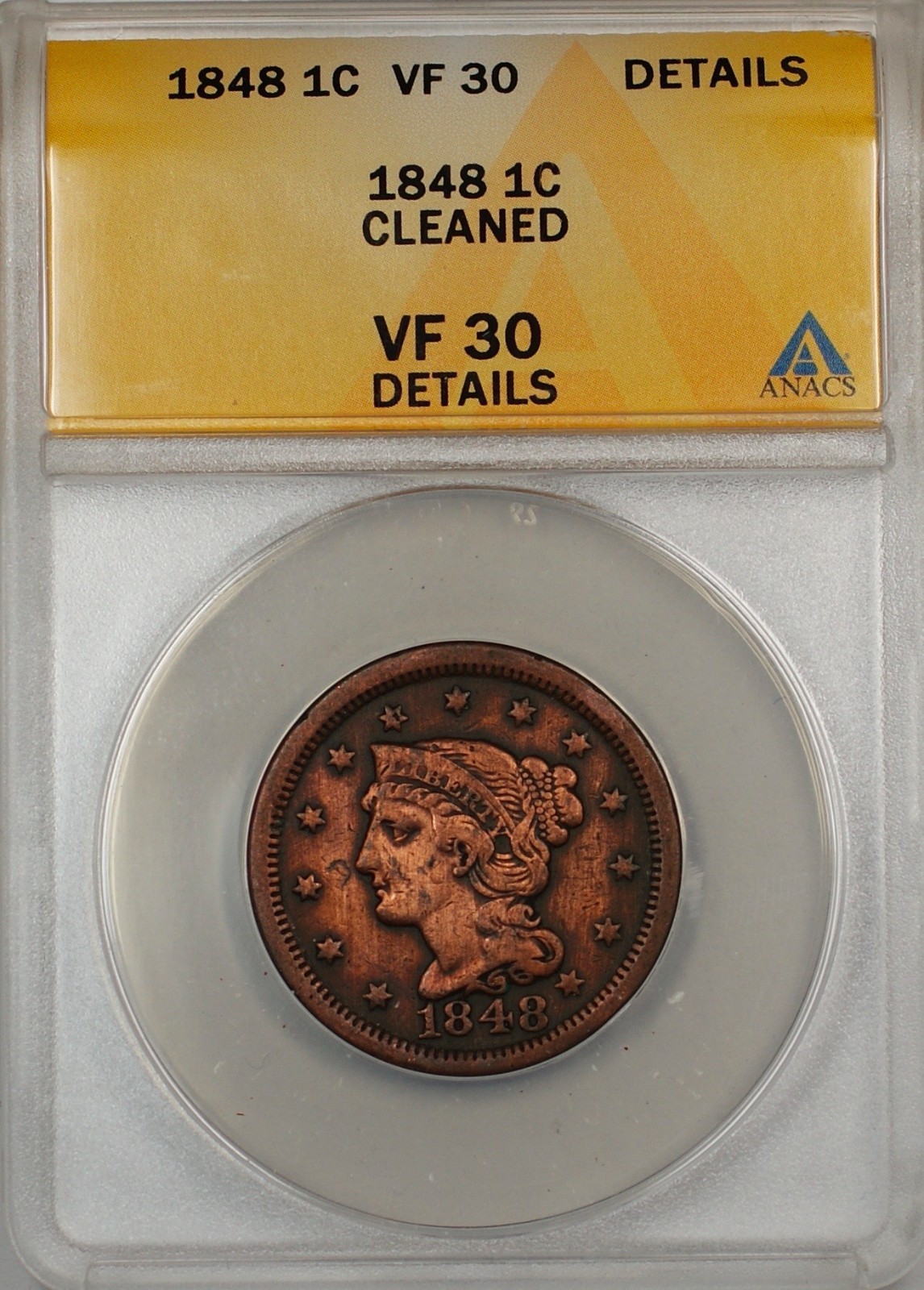 1848 Large Cent 1c Coin ANACS VF 30 Details Cleaned | eBay