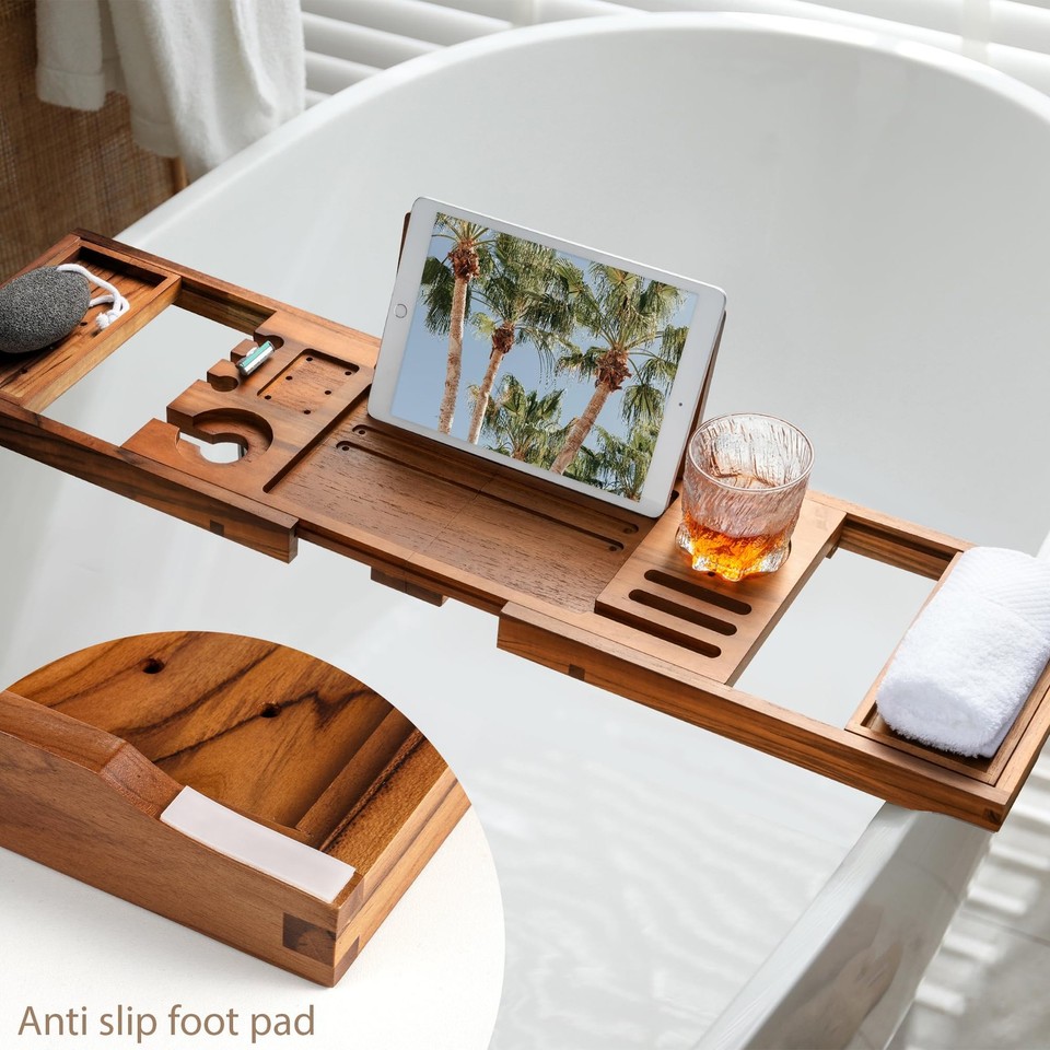 Teak Bathtub Tray | Adjustable Width Tray with Wine Holder, Tablet ...