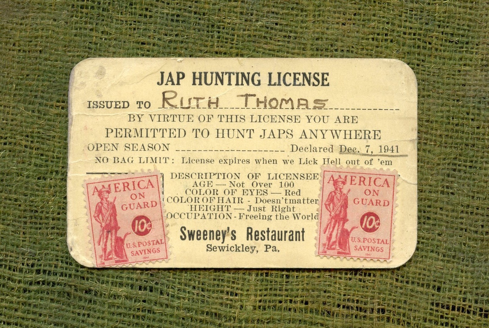 WWII WW2 Sewickley PA Japanese Hunting License-WAC WAAC w/ Postal ...