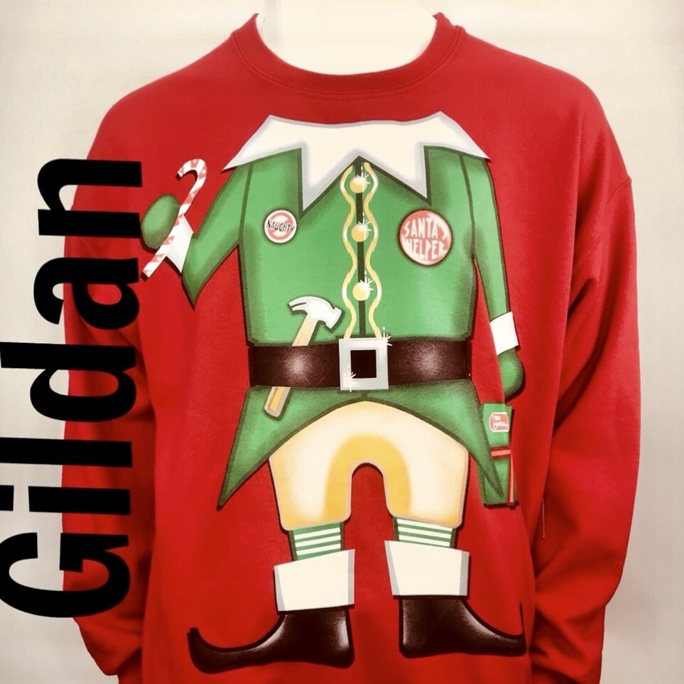 Gildan Red Santas Helper Naughty Elf Body Ugly Christmas Sweater Shirt ...