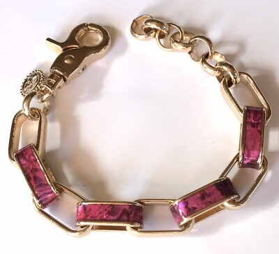 JESSICA SIMPSON Heavy Chunky Pink Enamel Gold Tone Link Chain Bracelet ...