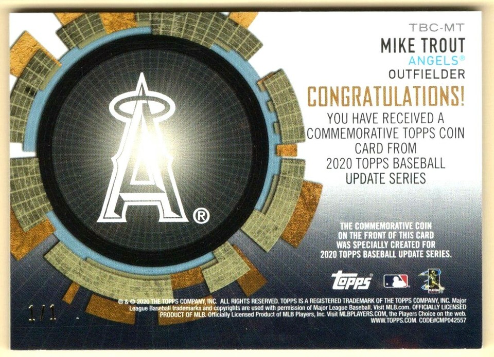 Mike Trout 2020 Topps Baseball Update Series Coin Card TBC-MT Platinum ...