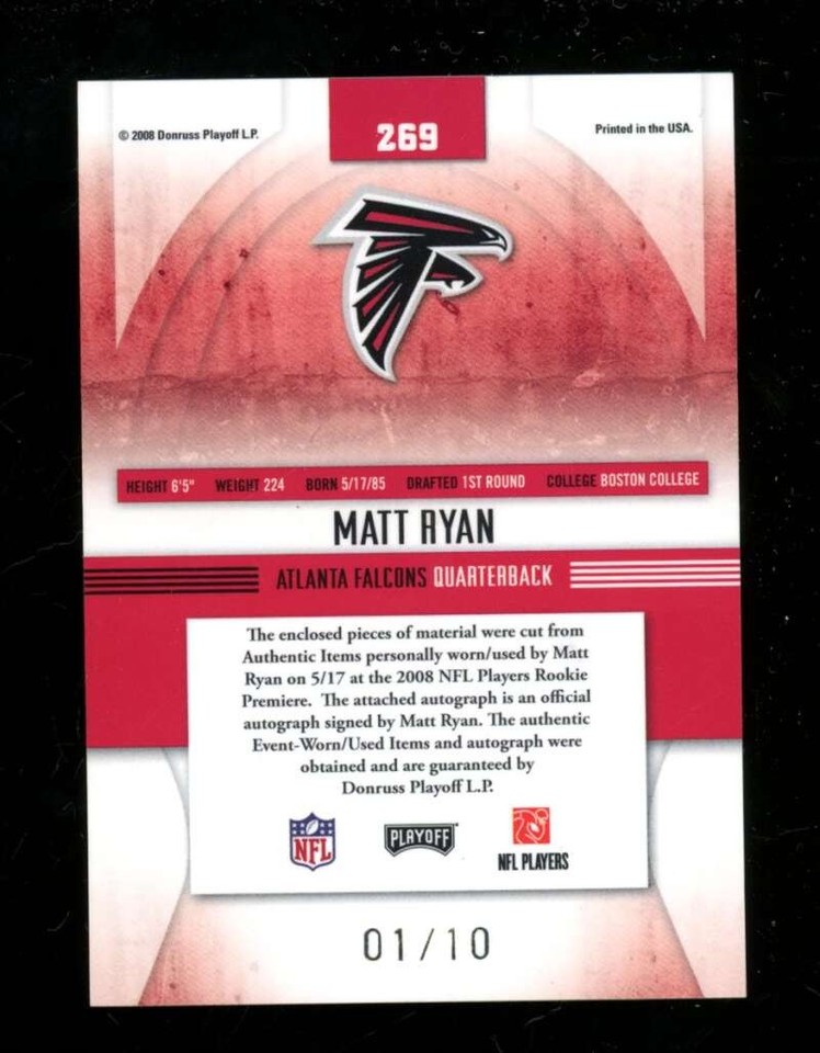 2008 Absolute Matt Ryan Rookie Premiere Rookie Patch/Ball Autograph 1/ ...