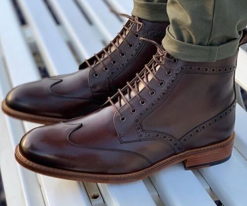 Handmade Mens Coffee brown Wing tip brogue ankle Boots, Mens Leather ankle boots | eBay