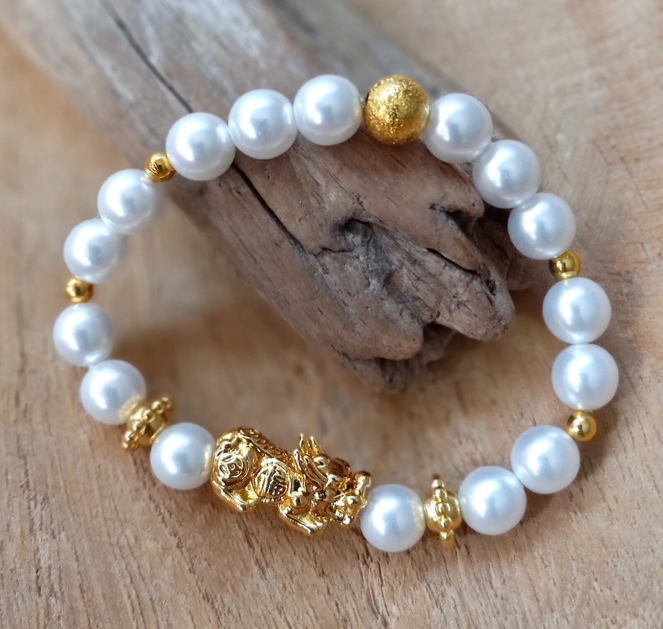 Pixiu Bracelet, Chinese Feng Shui, White Pearl, Gold Dragon, Luck ...