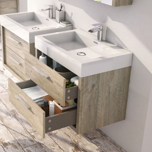 Oak Effect Vanity Unit With Resin Basin | 75cm Wall Hung Bathroom Sink ...