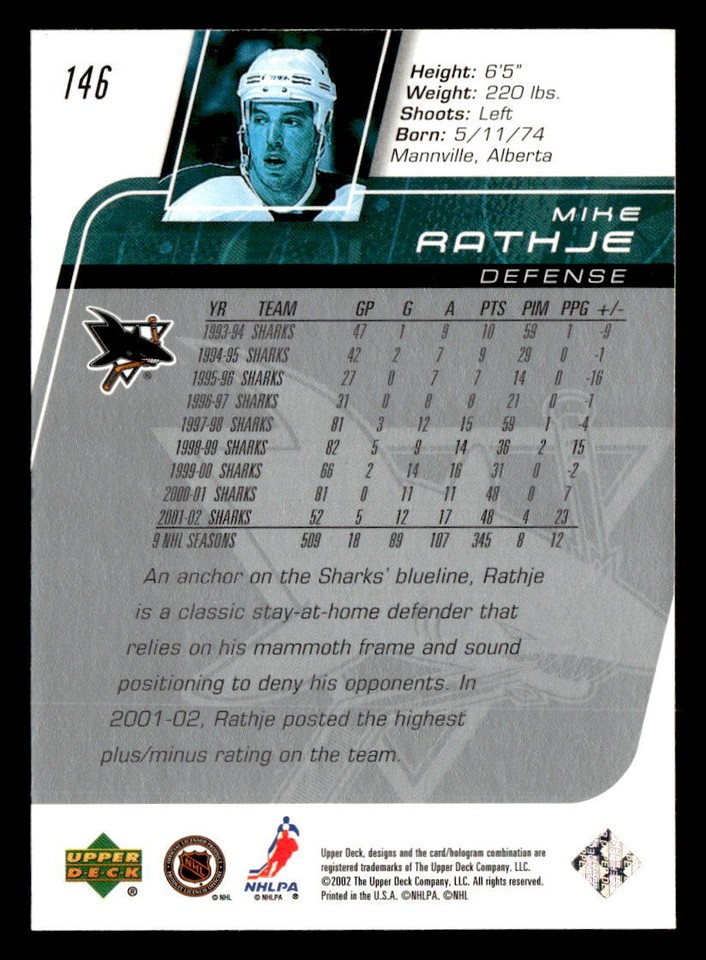 Mike Rathje 2002 Upper Deck #146 San Jose Sharks | eBay