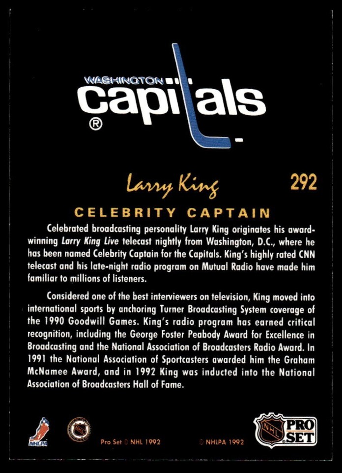 1992 Pro Set 292 Larry King CNN Washington Capitals Television star ...