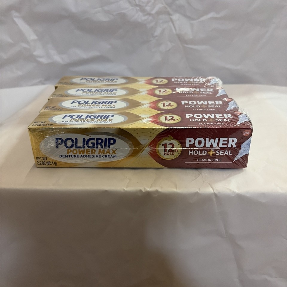 Lot of 4 Poligrip Power Max Denture Adhesive Cream Flavor Free 2.2oz ...