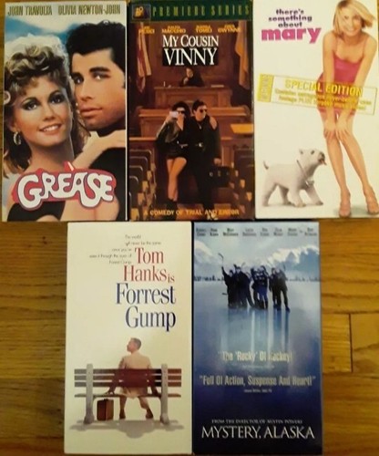 5 VHS movies,Grease, My Cousin Vinny,Something About Mary,Forest Gump ...
