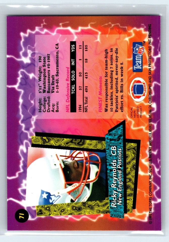 Ricky Reynolds 1995 Topps Finest New England Patriots #71 With Coating ...