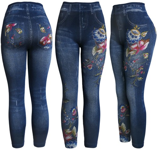 High Waist Women's Denim Print Fake Faux Jeans Leggings Pants | eBay