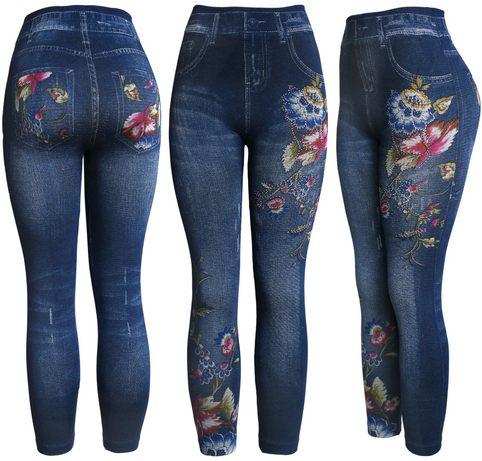 High Waist Women's Denim Print Fake Faux Jeans Leggings Pants | eBay